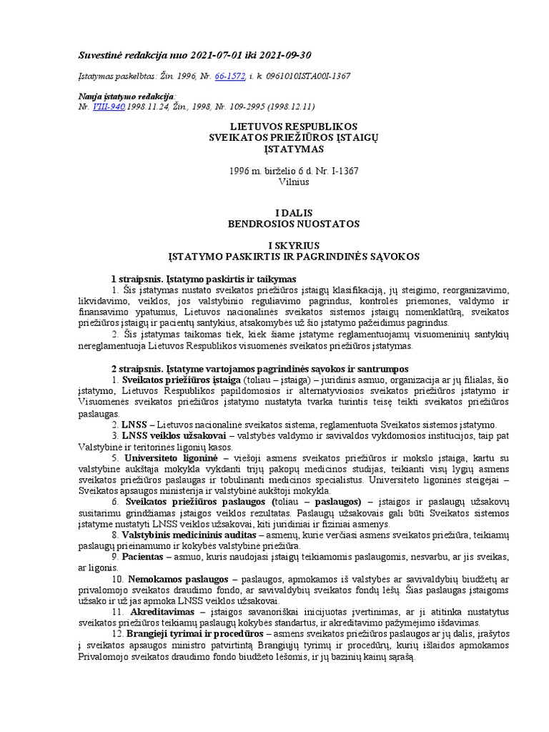 Sveikatos Priežiūros Įstaigų Įstatymas | PDF