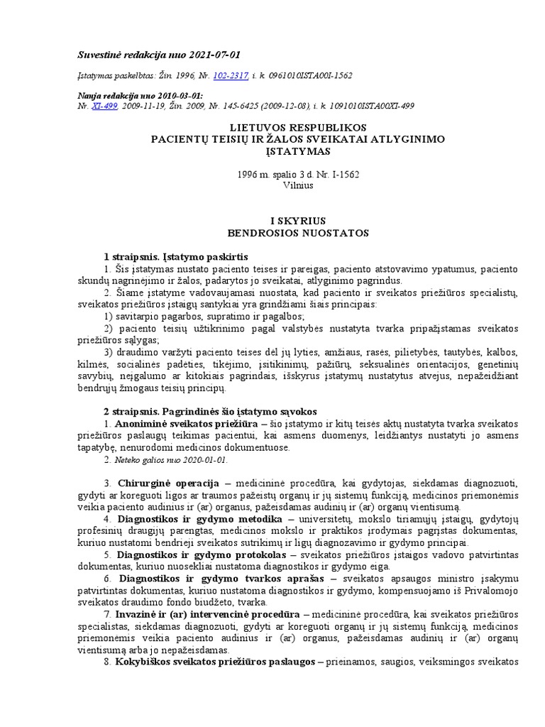 Pacientų Teisių Ir Žalos Sveikatai Atlyginimo Įstatymas | PDF