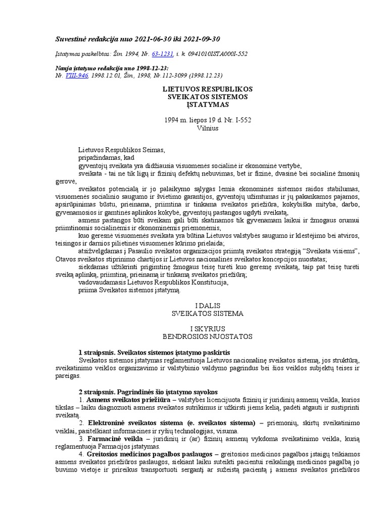 Sveikatos Sistemos Įstatymas | PDF