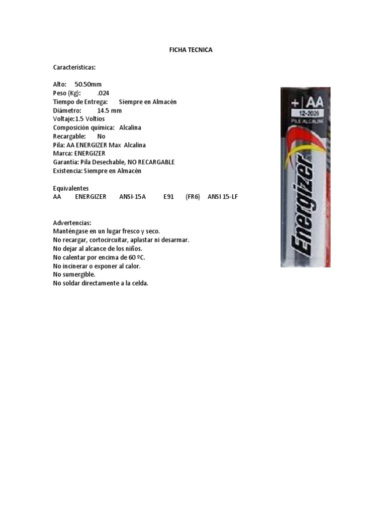 Ficha Tecnica Pilas | PDF