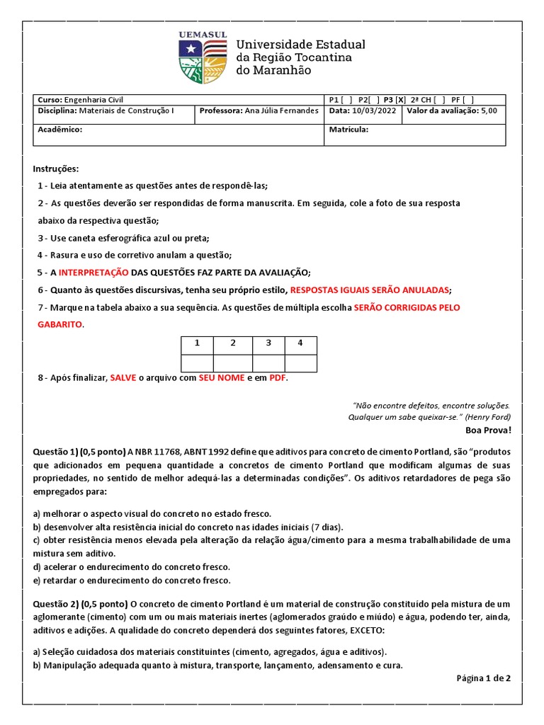 Prova MCCI AV3 | PDF | Concreto | Cimento