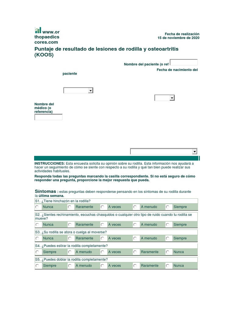 KOOS | PDF | Rodilla | Anatomía del miembro inferior