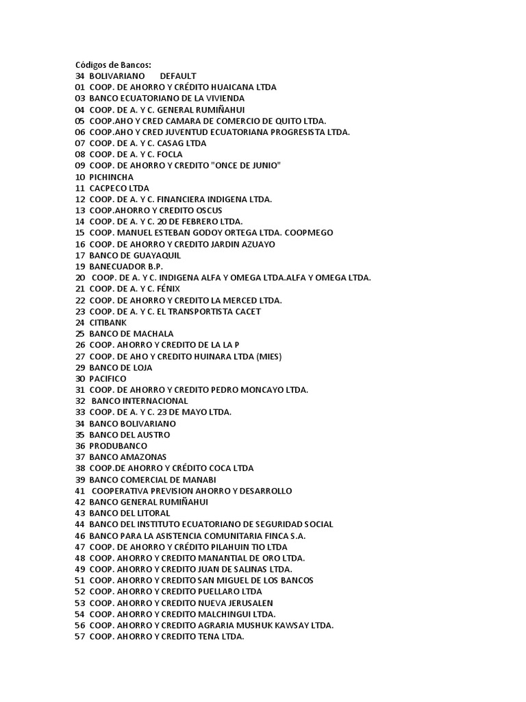 Códigos de Bancos SAT BOLIVARIANO | PDF