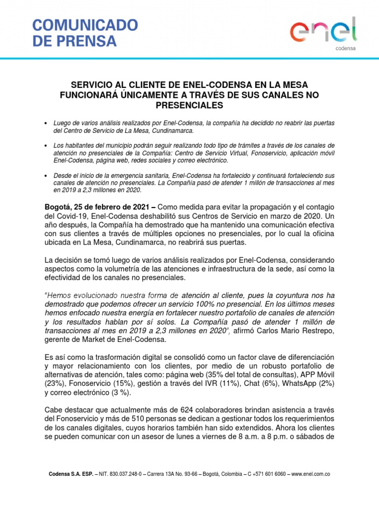 Servicio Al Cliente de Enel Codensa en La Mesa Funcionará Únicamente A ...