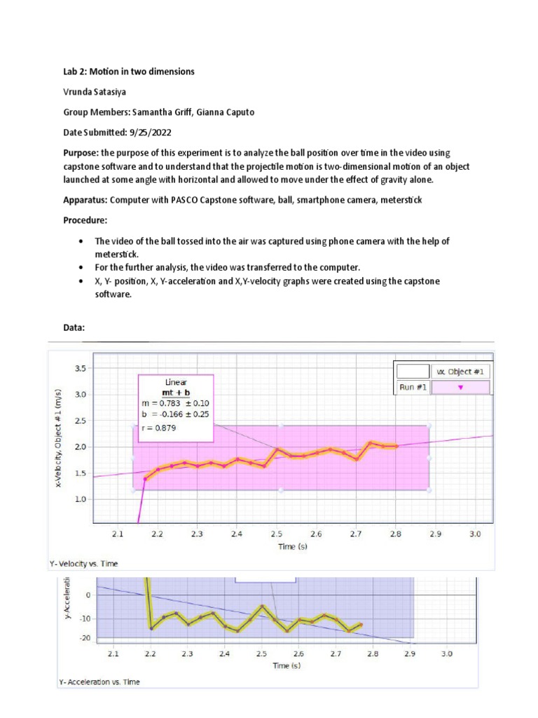 Analysis of Projectile Motion in Two Dimensions Through Video Capture and Graphing of Position ...