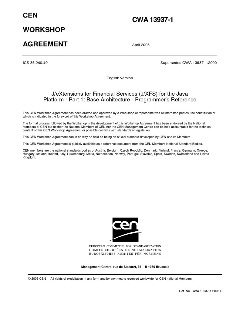 CEN Workshop Agreement CWA 13937-1 | PDF | Java (Programming Language ...