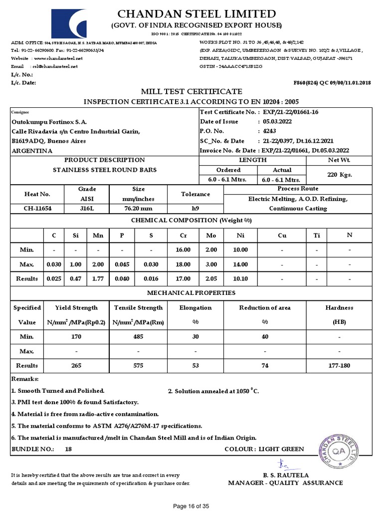 Chandan Steel MTC for Stainless Steel Round Bars to Argentina | PDF ...
