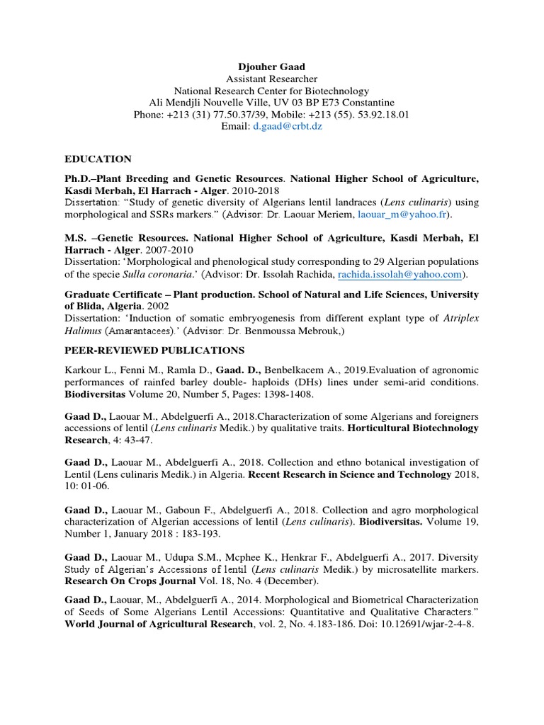 Djouher Gaad - Resum-2022 | PDF | Lentil | Plant Breeding