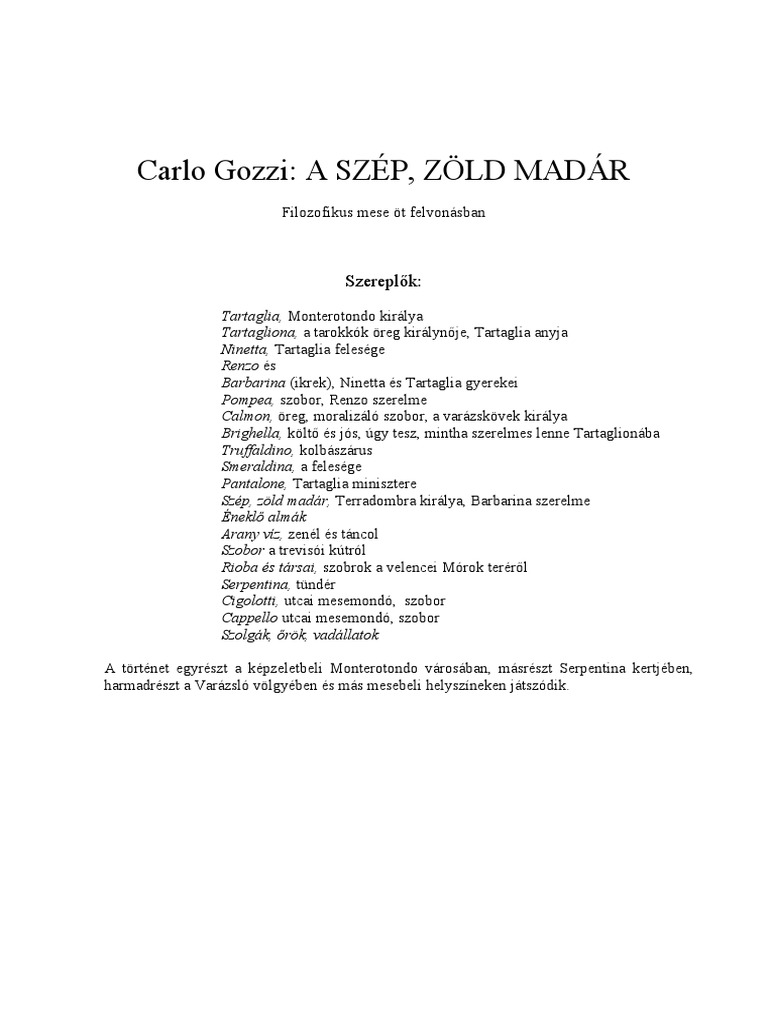 Carlo Gozzi A Szép, Zöld Madár | PDF