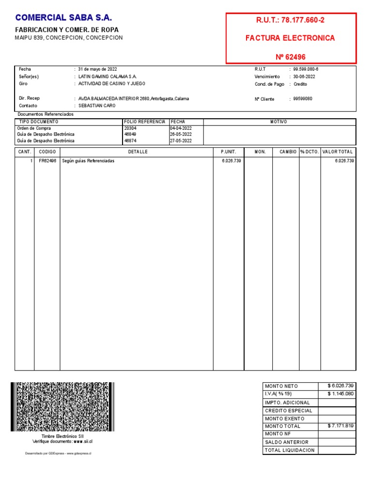 Comercial Saba S.A. Fa 62496 | PDF