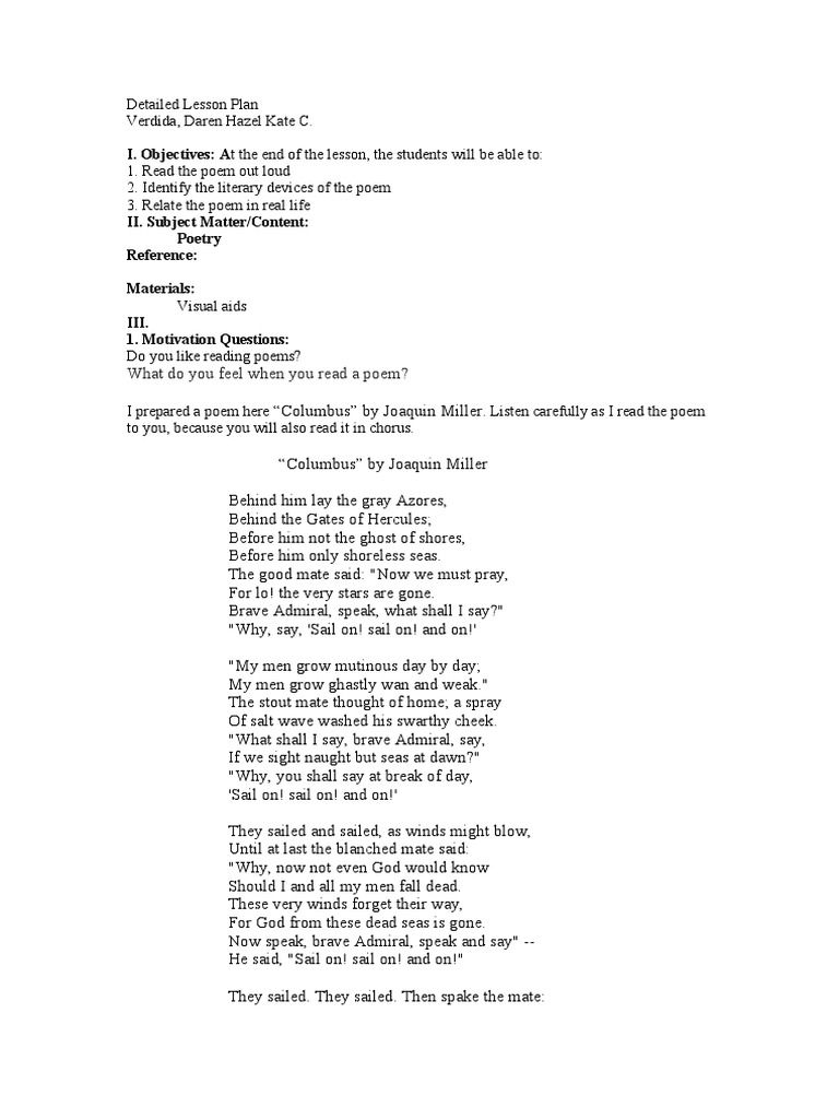 Detailed Lesson Plan Columbus Poetry | PDF