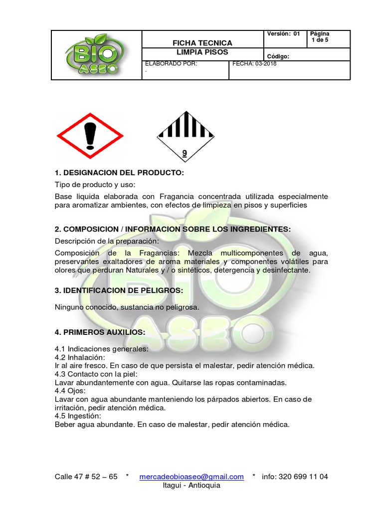 Ficha Técnica Limpiador Aromático | PDF | Agua | Residuos