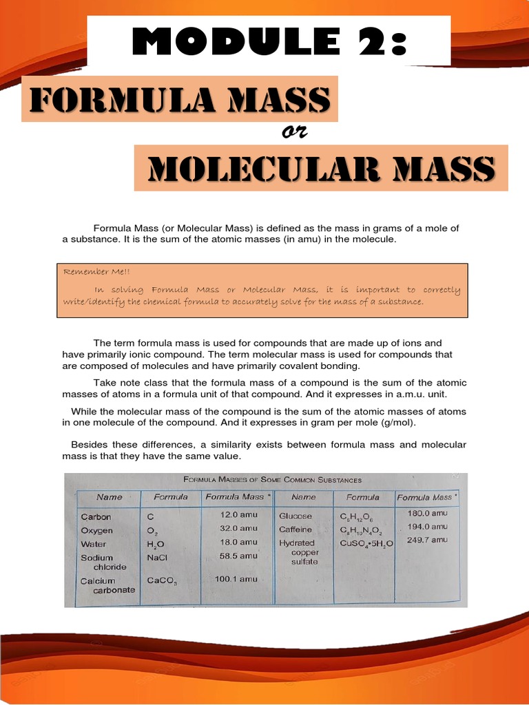 Calculating Formula Mass and Molecular Mass: Examples of Common ...