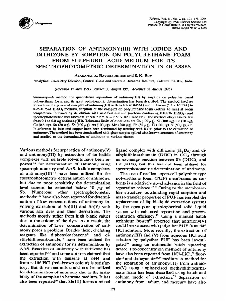 Separation of Antimony (Ii1) With Iodide and | PDF | Spectrophotometry ...