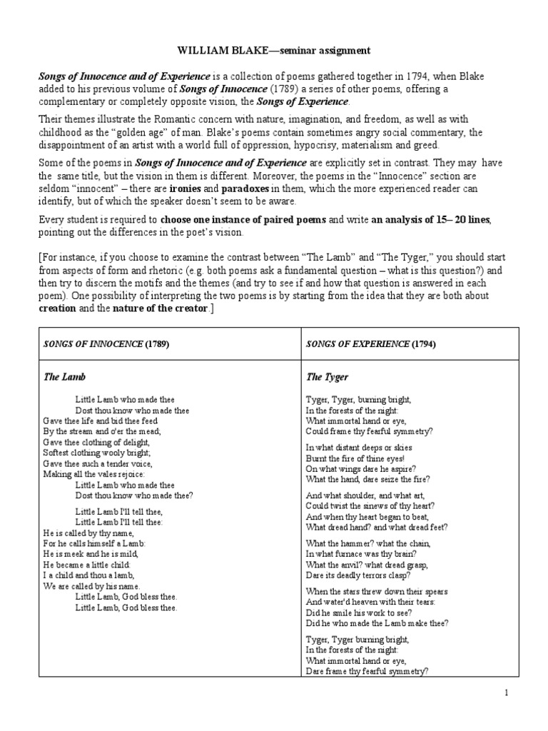 Blake - Songs of Innocence and of Experience - Texts and Seminar Task ...