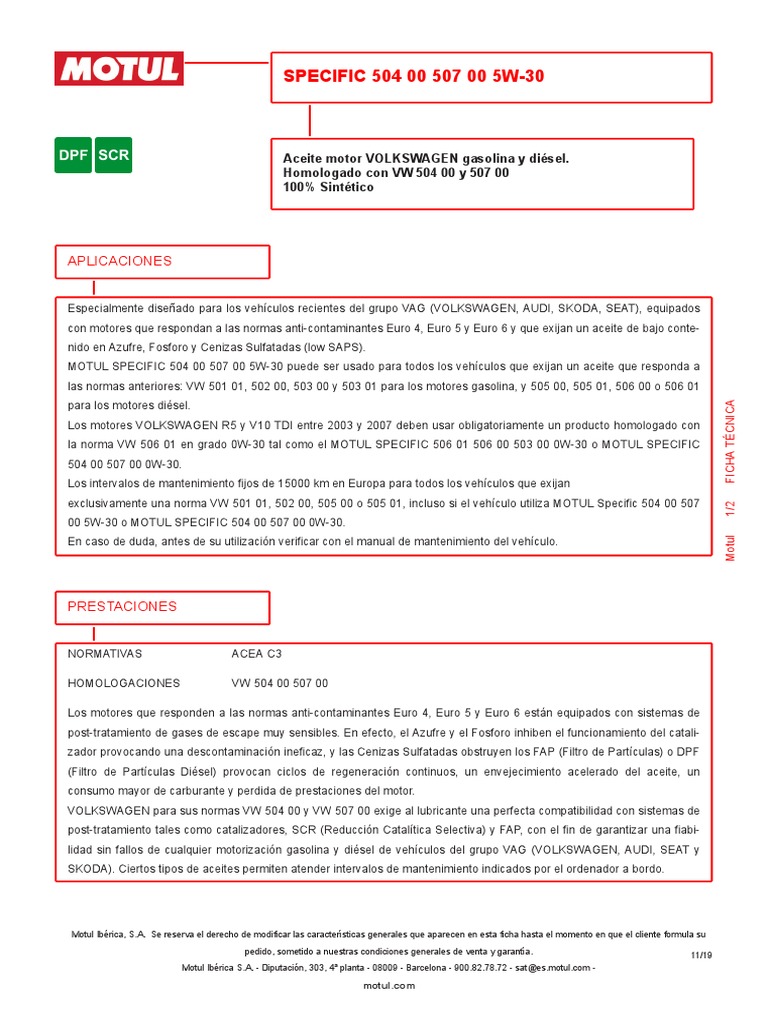 Motul Specific 504 00/507 00 5W-30: Usos y Normas | PDF | Volkswagen ...