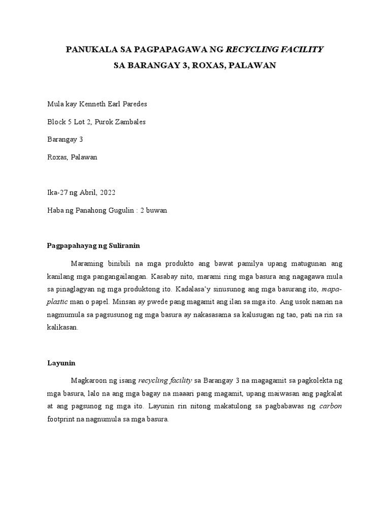 Halimbawa NG Panukalang Proyekto | PDF