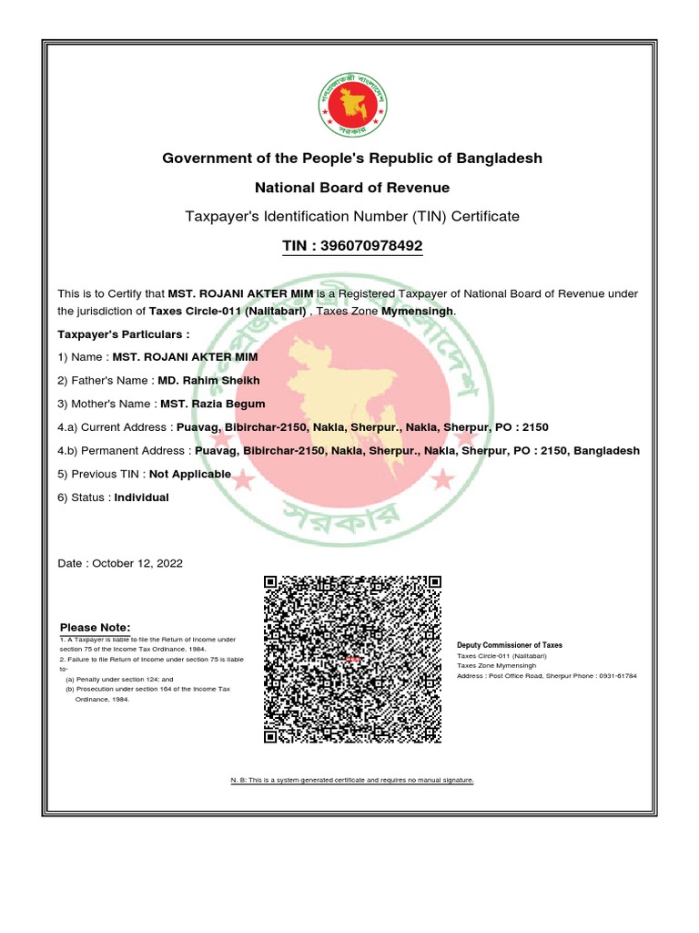TIN Certificate for MST. ROJANI AKTER MIM | PDF