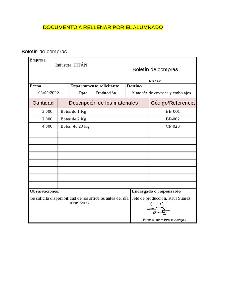 Boletín de Compras para Orden de Compra | PDF