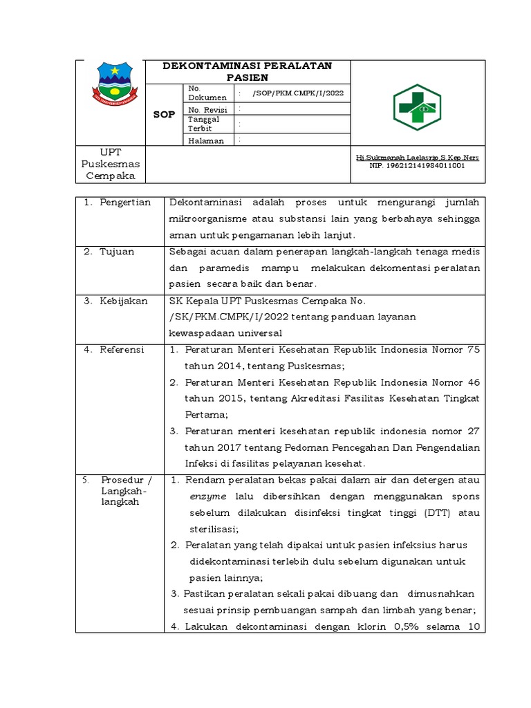 Sop Dekontaminasi Alat CMPK | PDF