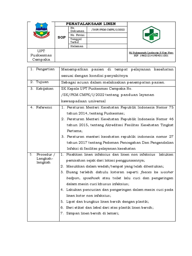 Sop Penatalaksanaan Linen CMPK | PDF