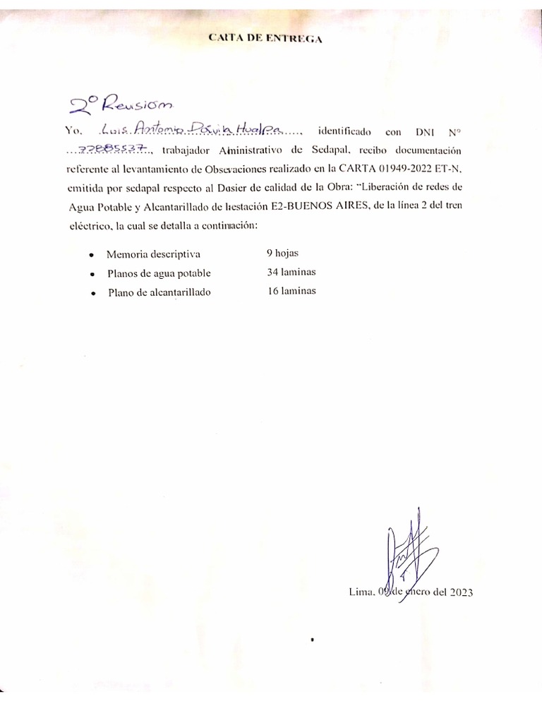 Carta de Entrega 2DA Revision | PDF