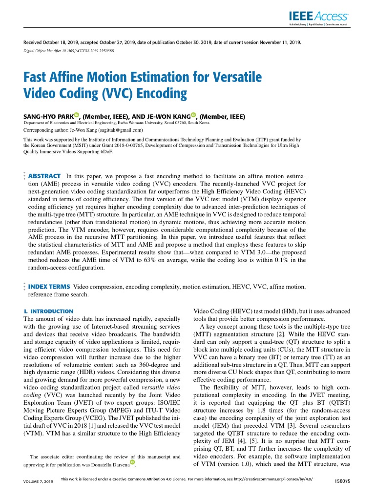 Fast Affine Motion Estimation For Versatile Video Coding Vvc Encoding Pdf Data Compression