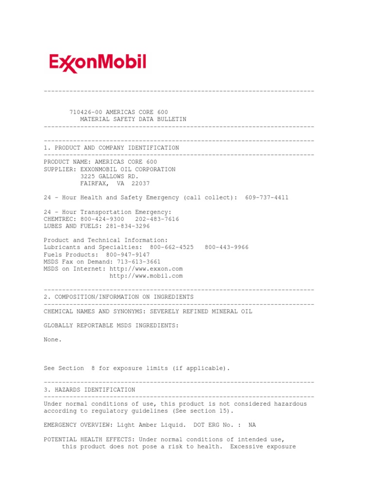 Core 600 Material Safety Data Bulletin | PDF | Toxicity | Dangerous Goods
