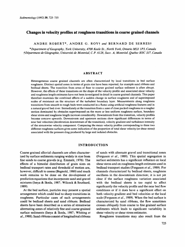 1992 Changes in Velocity Profiles at Roughness Transition in Coarse Grained Channels | PDF ...