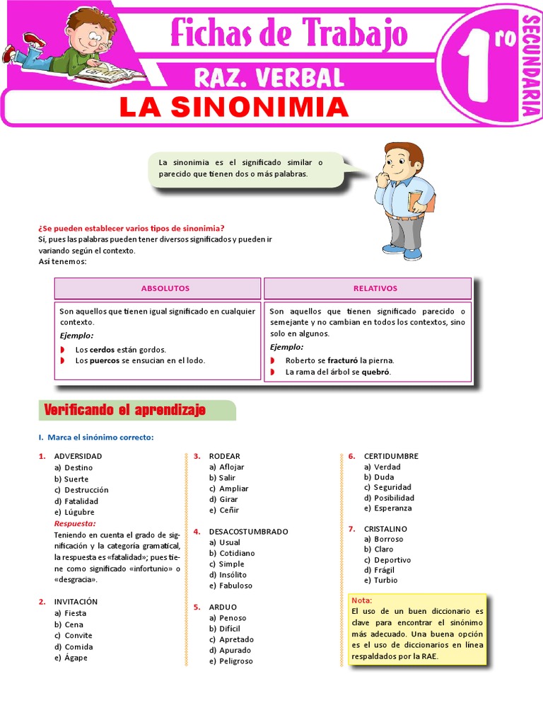 La Sinonimia para Primer Grado de Secundaria | PDF | Lingüística ...