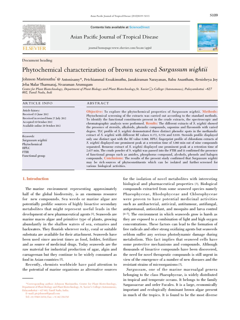Phytochemical Characterization of Brown Seaweed Sargassum Wightii | PDF ...