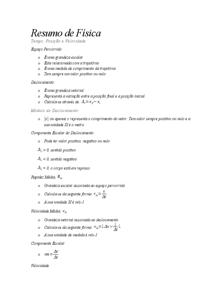 Resumo de Física | PDF | Velocidade | Força