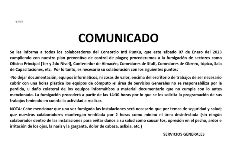 Comunicado Fumigacion | PDF