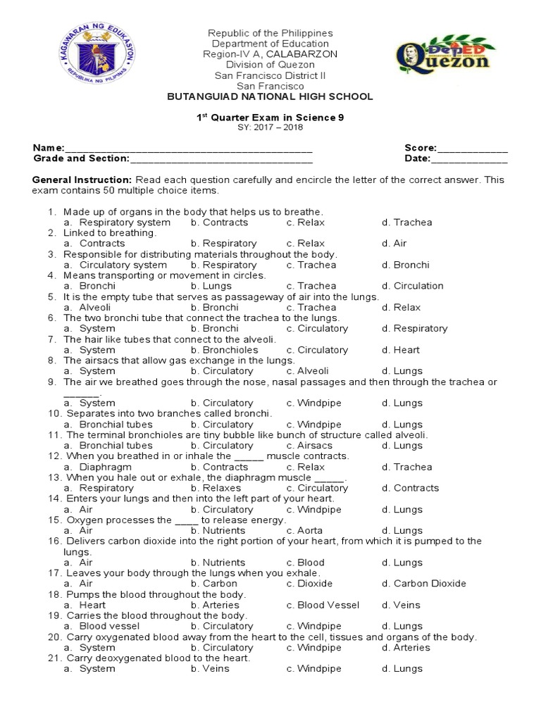 Science 9 (1st Quarter Exm) | PDF | Lung | Respiratory Tract