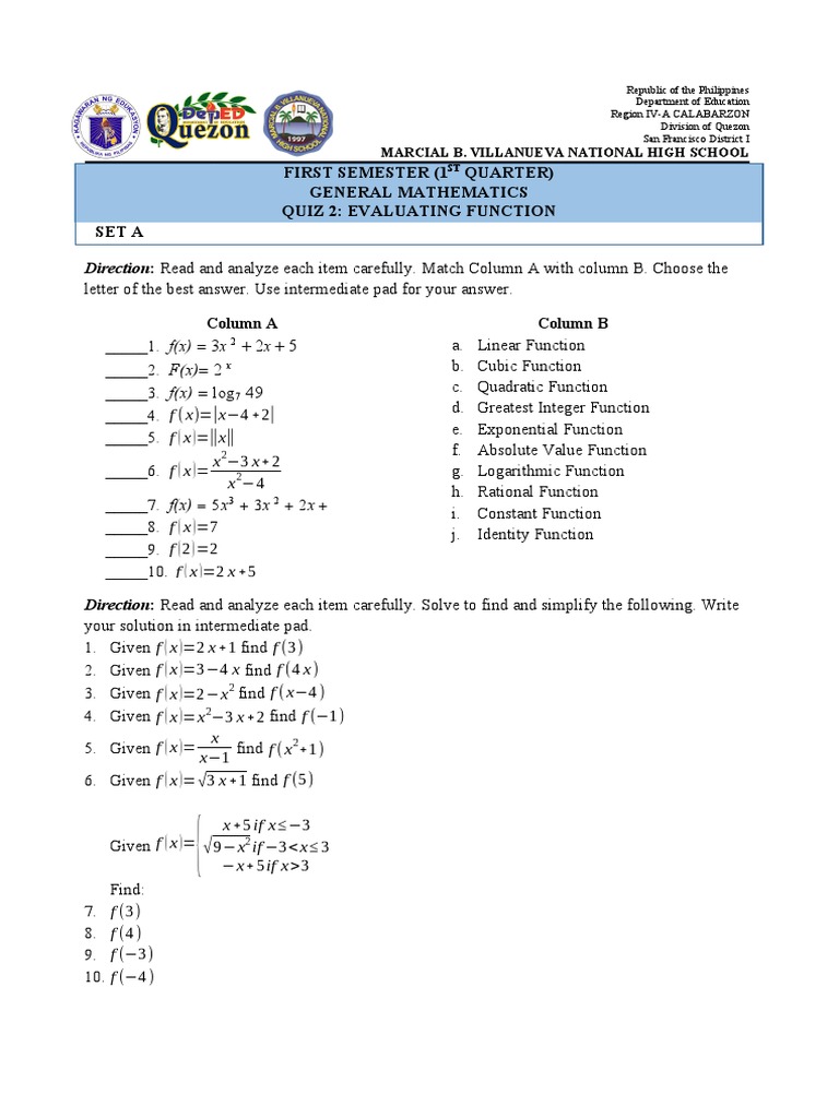 Quiz 2 Eval Func Set A | PDF | Function (Mathematics) | Discrete Mathematics