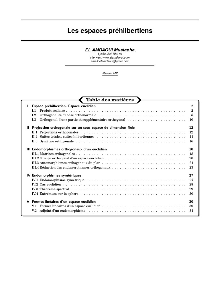 Cours Espace Prehilbertien | PDF | Espace euclidien | Scalaire ...