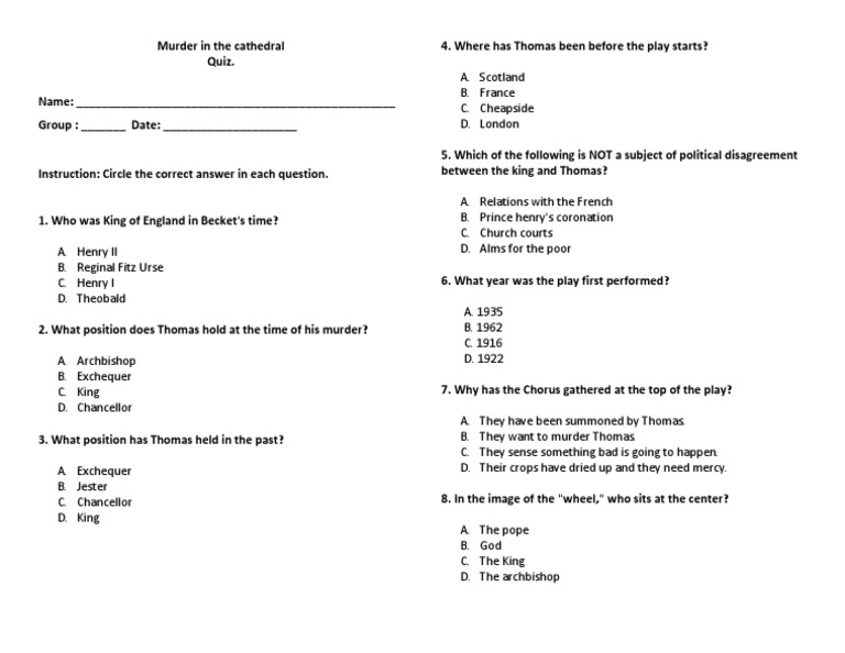 Murder in The Cathedral Quiz | PDF