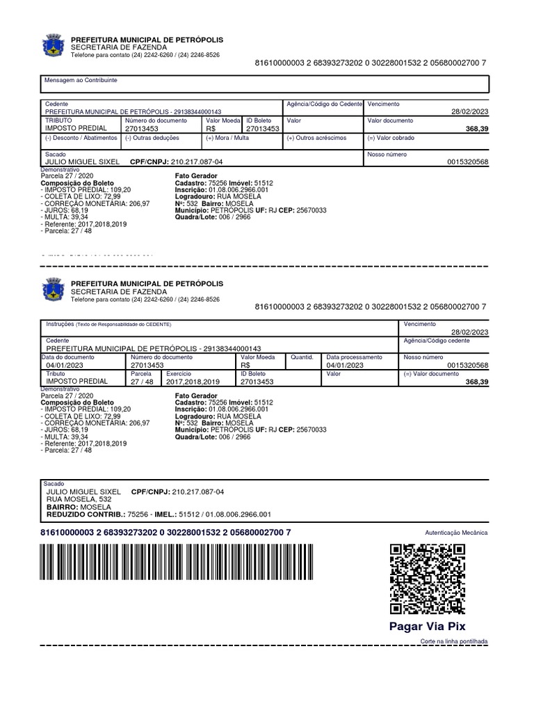 Boleto de Imposto Predial referente aos anos de 2017, 2018 e 2019 - Parcela 27/48 | PDF ...