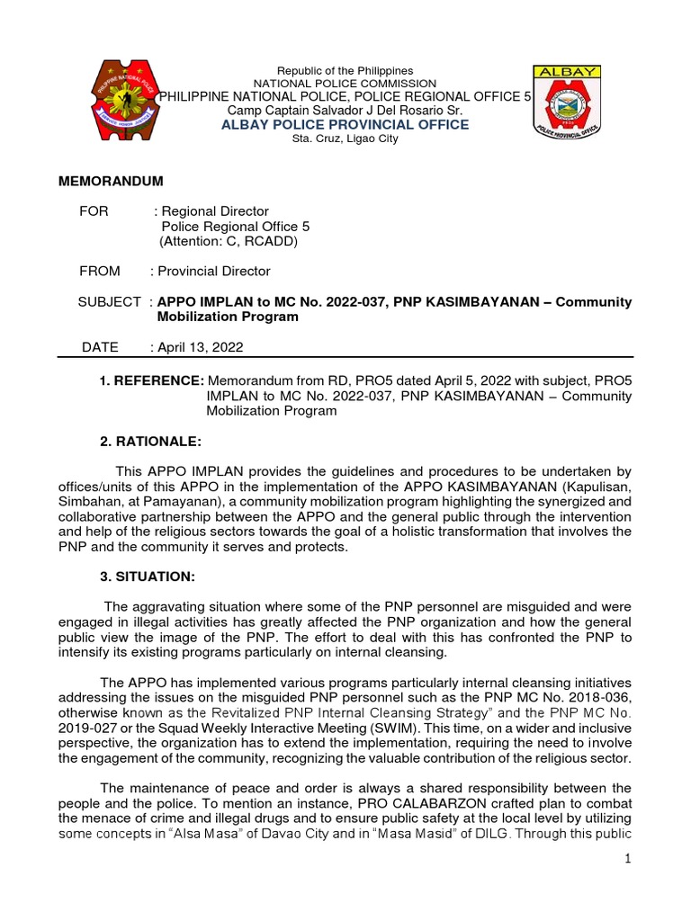 Appo Implan To Mc No 2022 037 Pnp Kasimbayanan Community Mobilization Program Pdf Pdf
