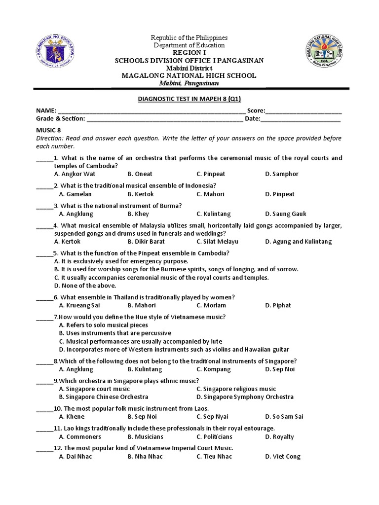 Diagnostic Test in MAPEH 8 | PDF | Adolescence | Self Concept