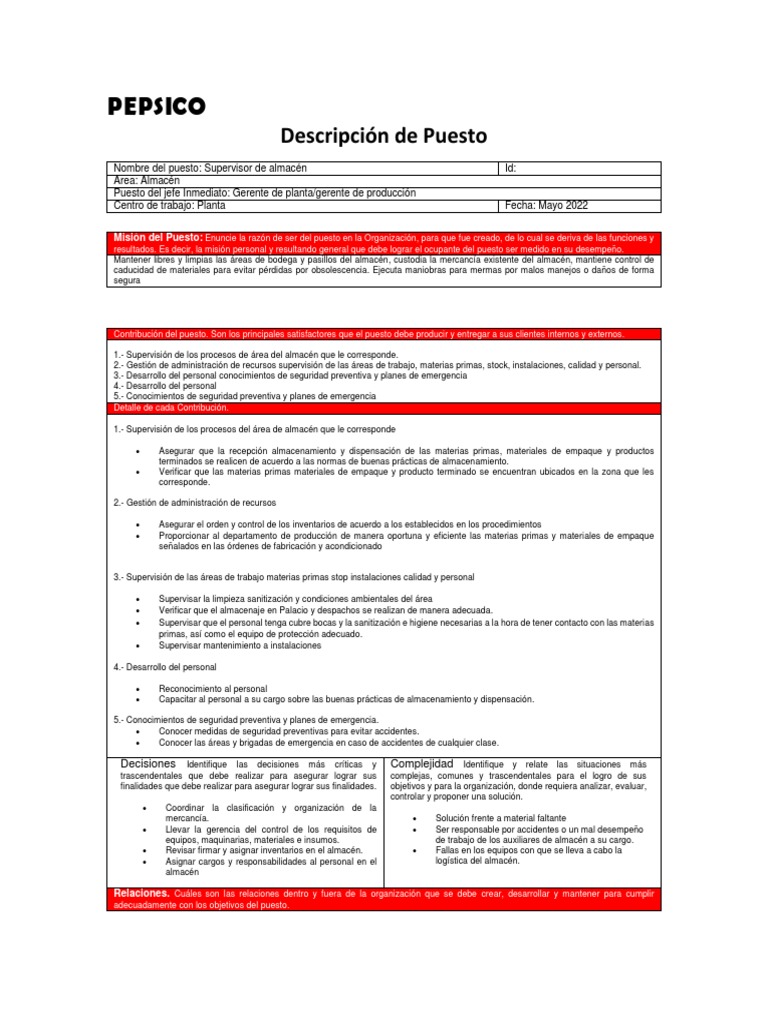 Perfil de Puesto - Almacen - Pepsico | PDF | Almacén | Gestión de ...