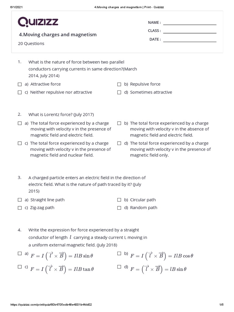 4.moving Charges and Magnetism - Print - Quizizz | PDF | Magnetic Field | Force