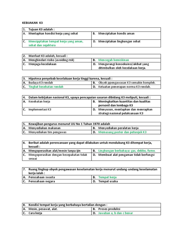 Kuis Dan Jawaban Soal Kebijakan K3 - 2022 | PDF