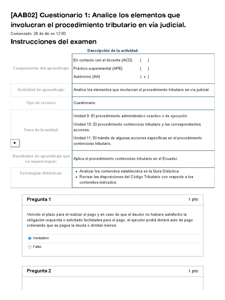 Examen - (AAB02) Cuestionario 1 - Analice Los Elementos Que Involucran El Procedimiento ...