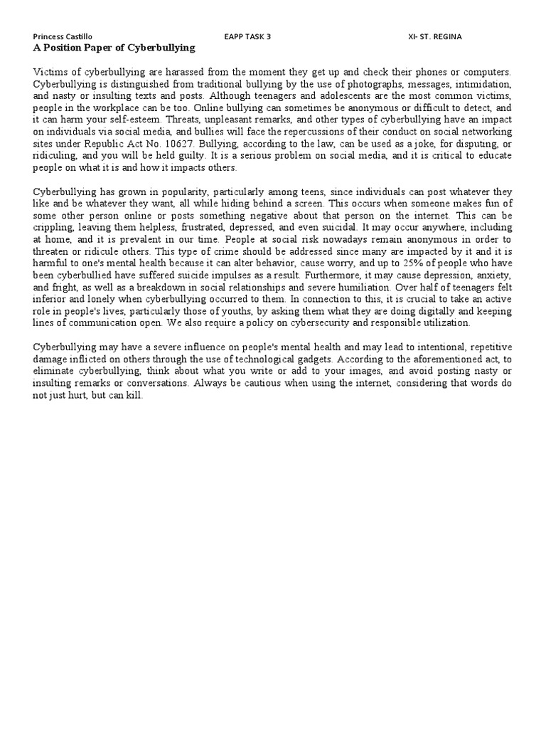 Castillo, Princess (EAPP TASK 3) Position Paper Cyberbullying | PDF | Cyberbullying | Bullying