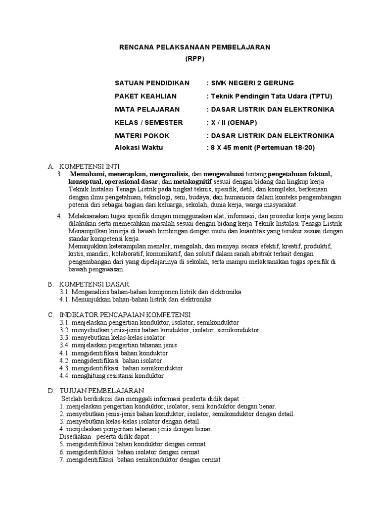 RPP Dasar Listrik Dan Elekttronika | PDF