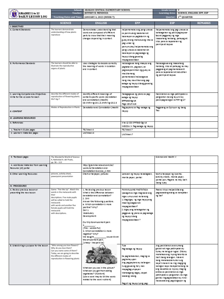 DLL q2w7 d1 Science, English, Epp, Esp | Download Free PDF | Flowers | Fertilisation