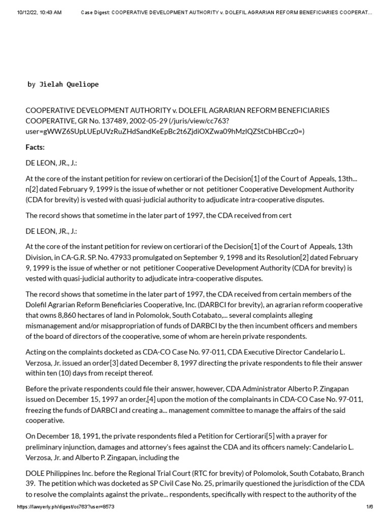 Case Digest - COOPERATIVE DEVELOPMENT AUTHORITY v. DOLEFIL AGRARIAN ...