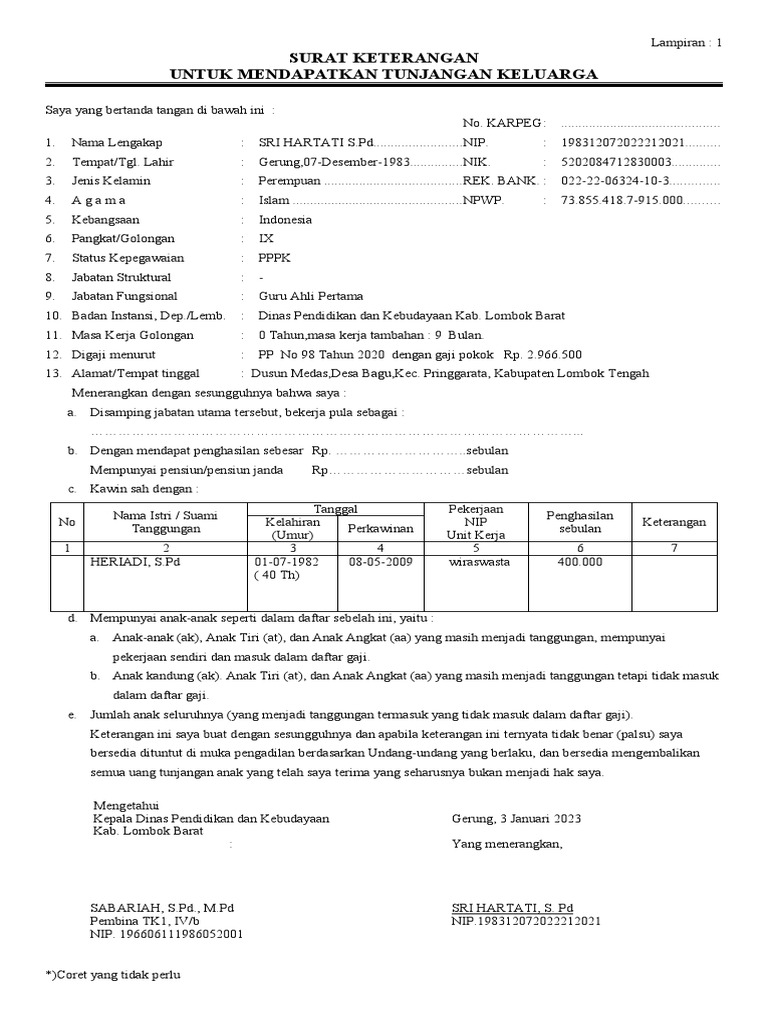 Format Model DK PPPK Disdikbud 2022 Sri Hartati | PDF