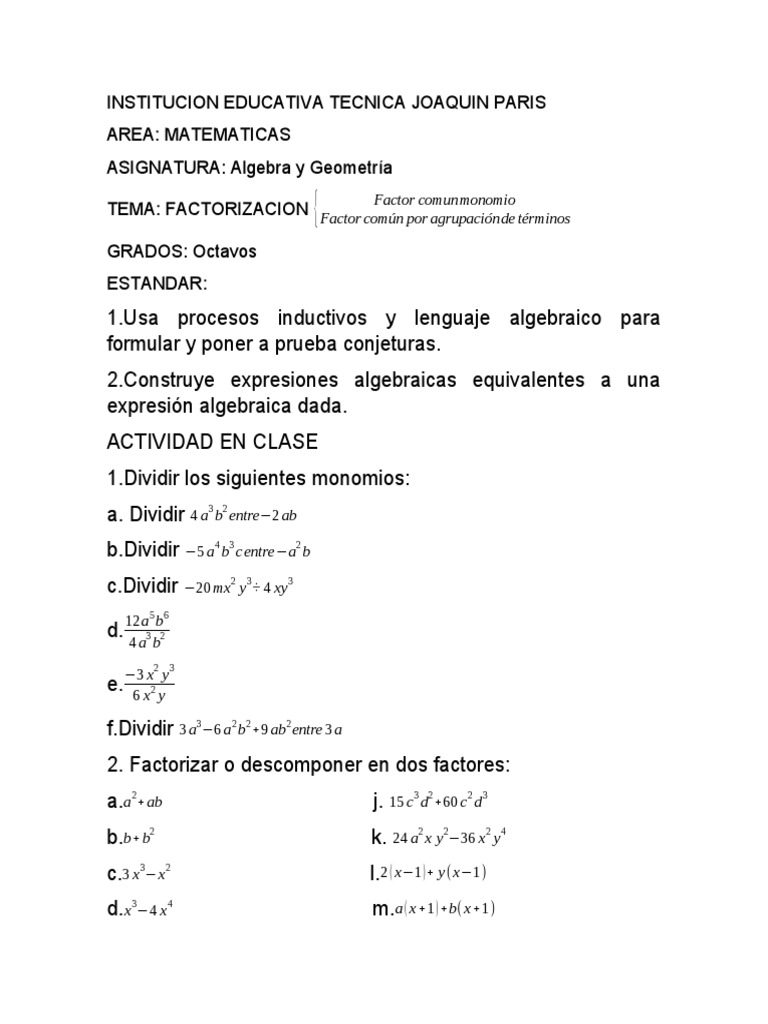 Actividad Factor Común Monomio y Agrupación de Términos | PDF | Métodos y materiales de ...